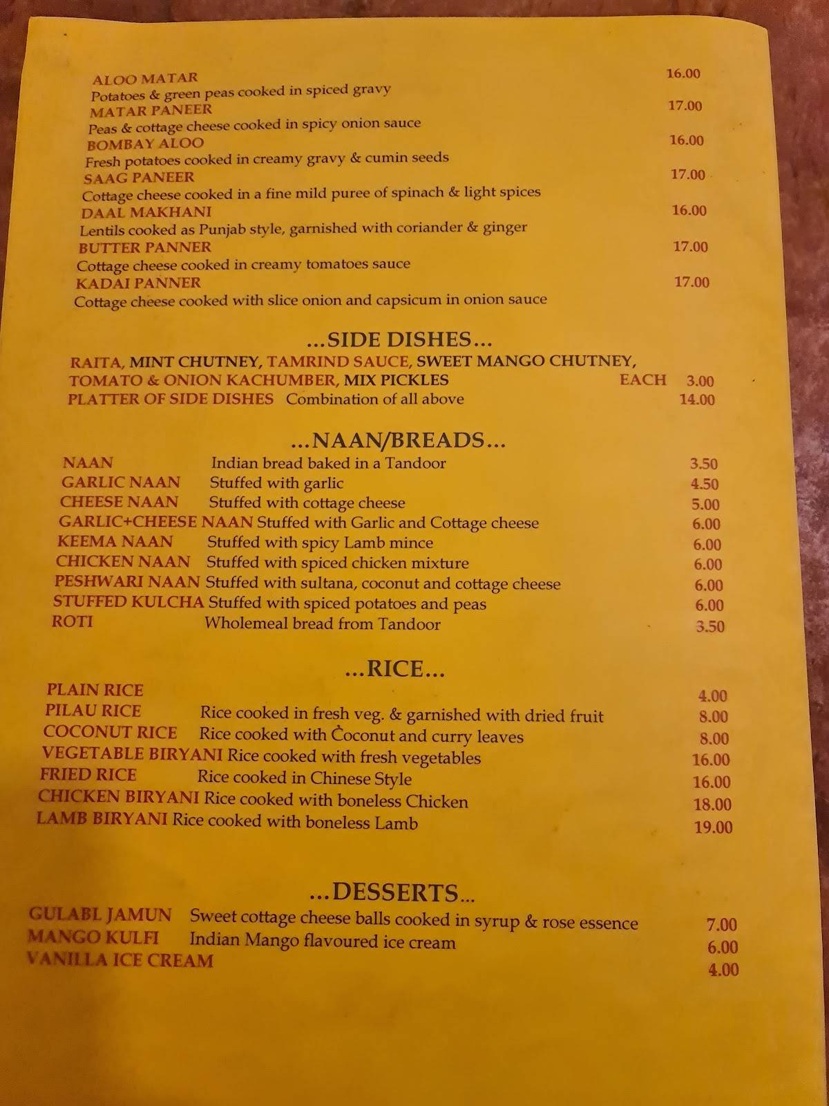 Menu at India Gate Restaurant, Dunedin