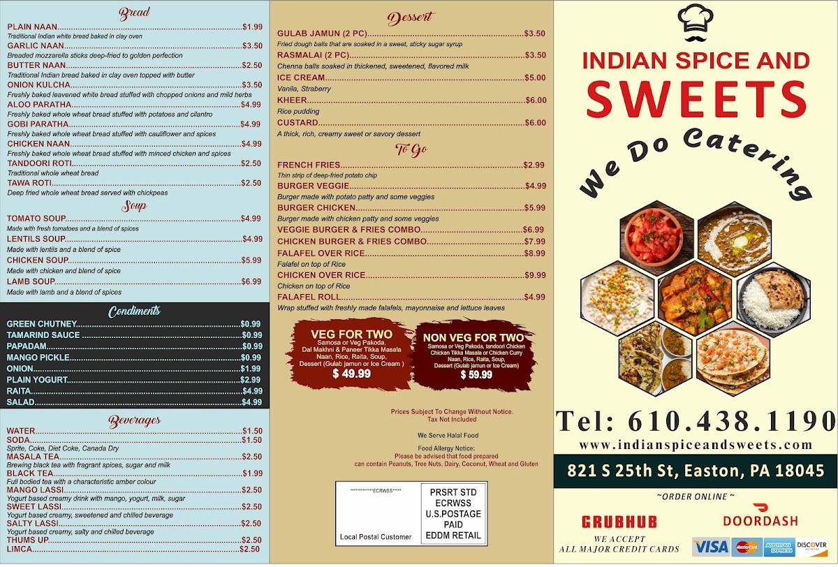Menu at Indian Spice and Sweets restaurant, Easton