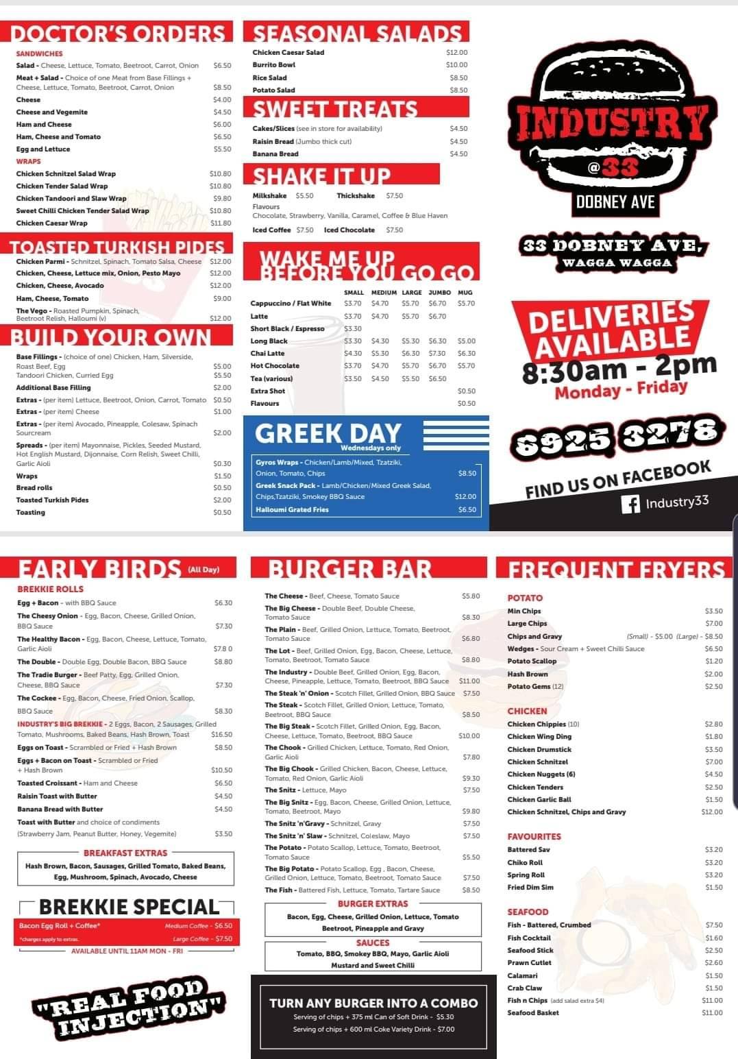 Menu at Industry 33 cafe, Wagga Wagga