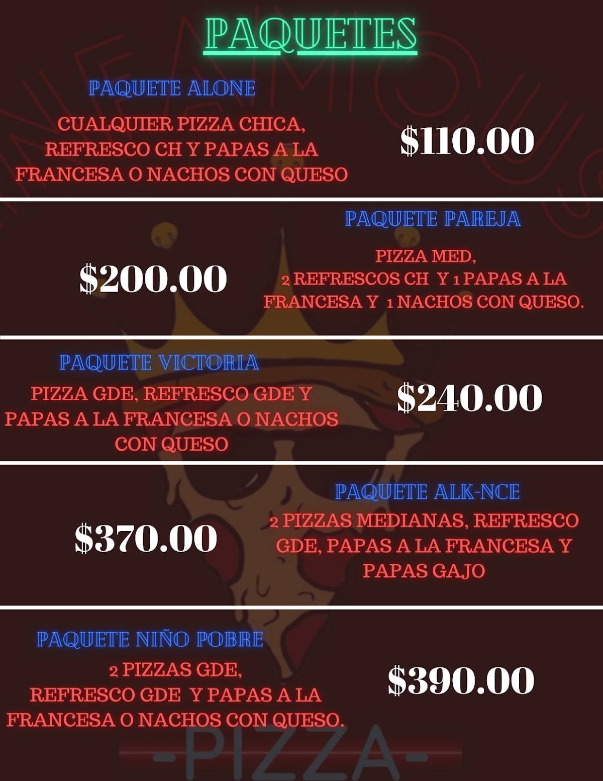 Carta del restaurante Infamous Pizza, Mexico