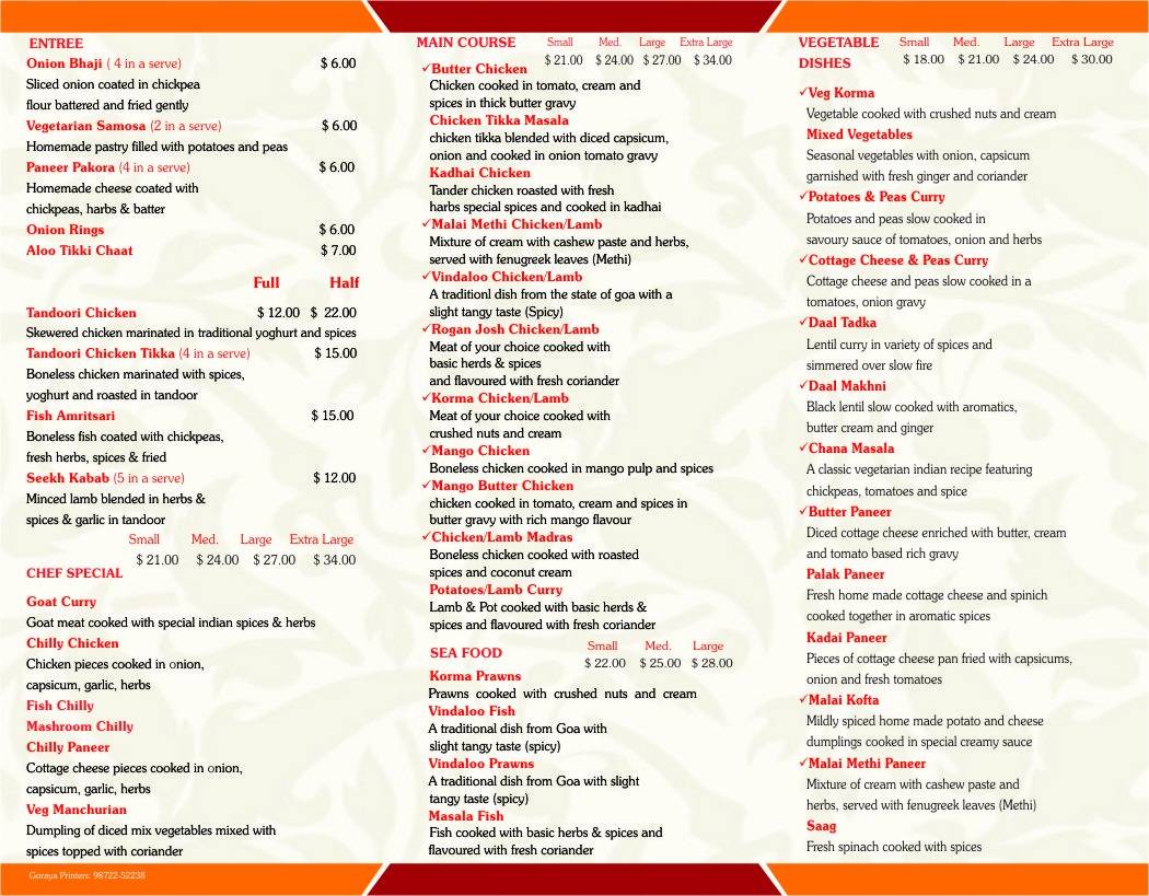 Menu at The Great Flavour of India fast food, Innisfail