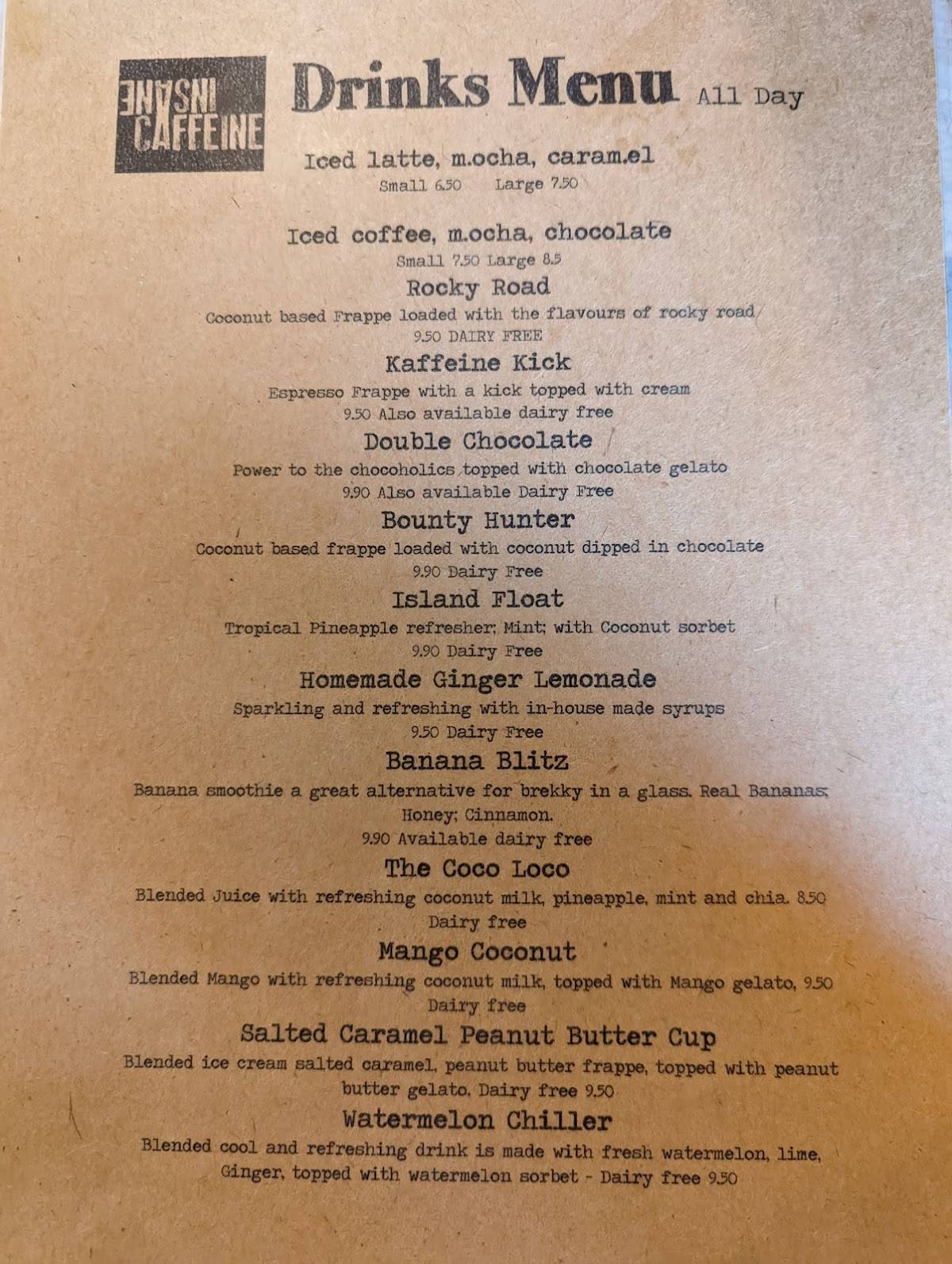 Menu at Insane Caffeine cafe, Childers