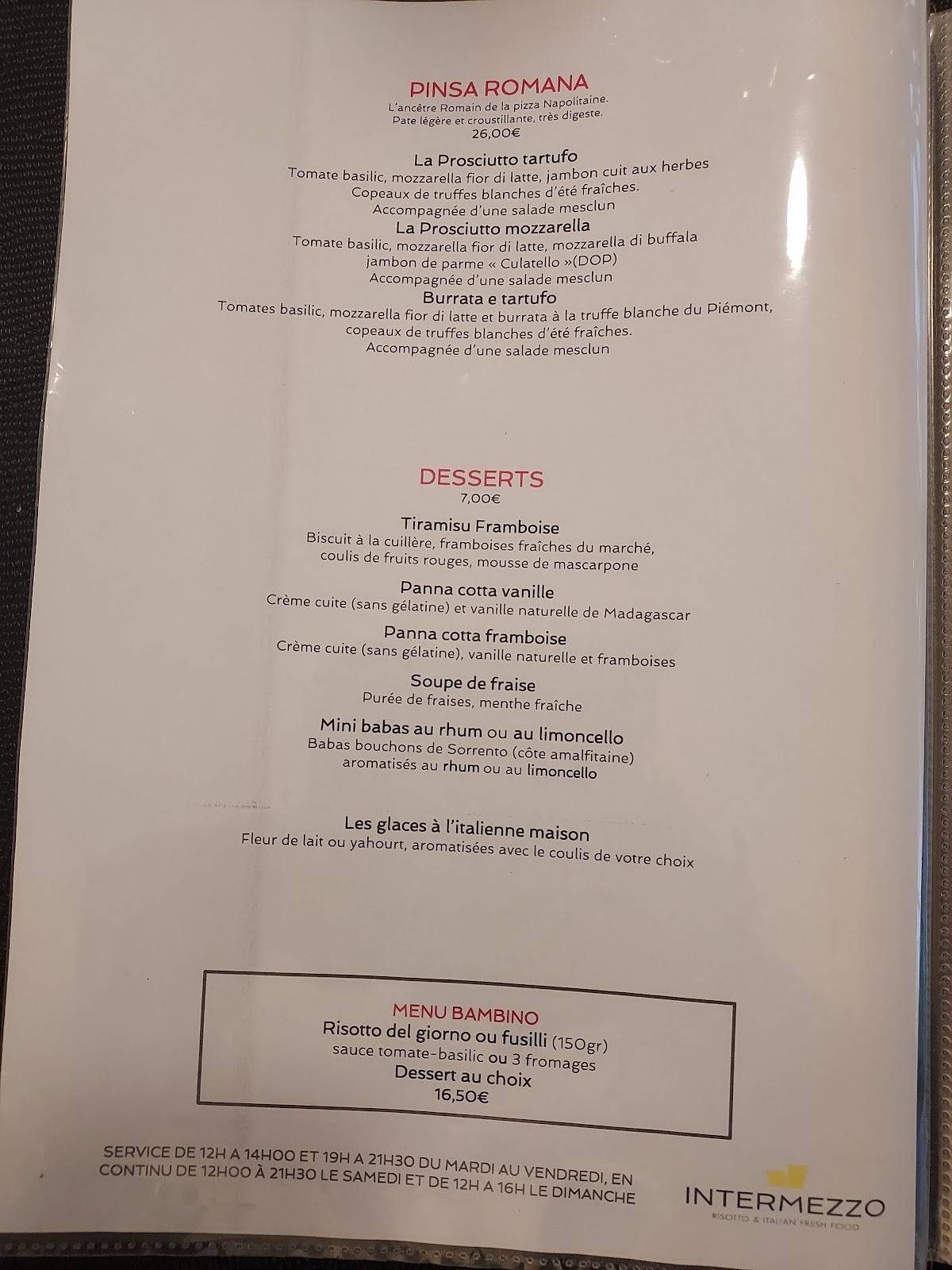 Menu at Intermezzo restaurant, Lyon