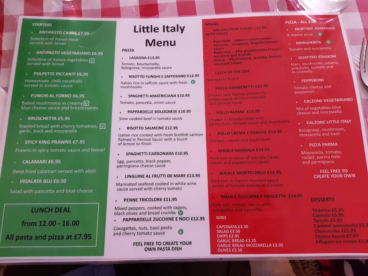Menu at Little Italy restaurant, Inverness