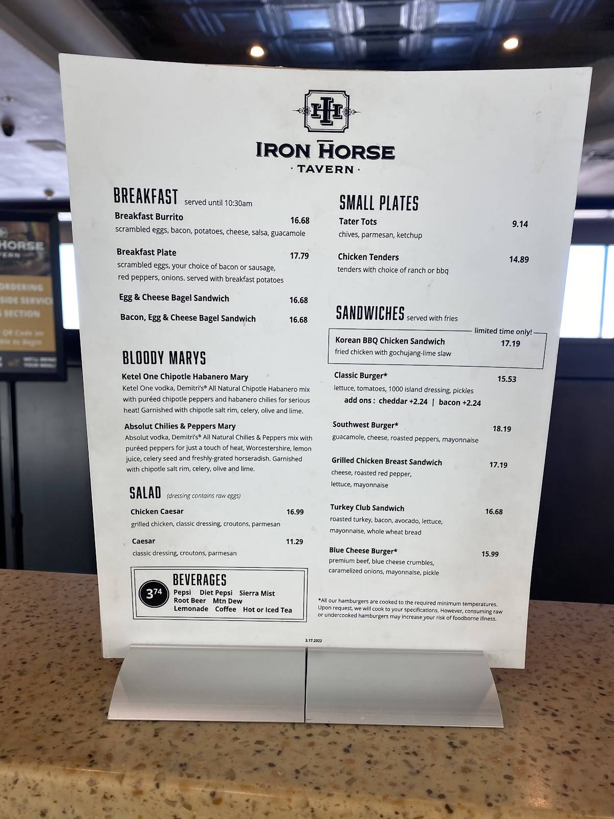 Menu at Iron Horse Tavern restaurant, Sacramento, Airport Blvd E