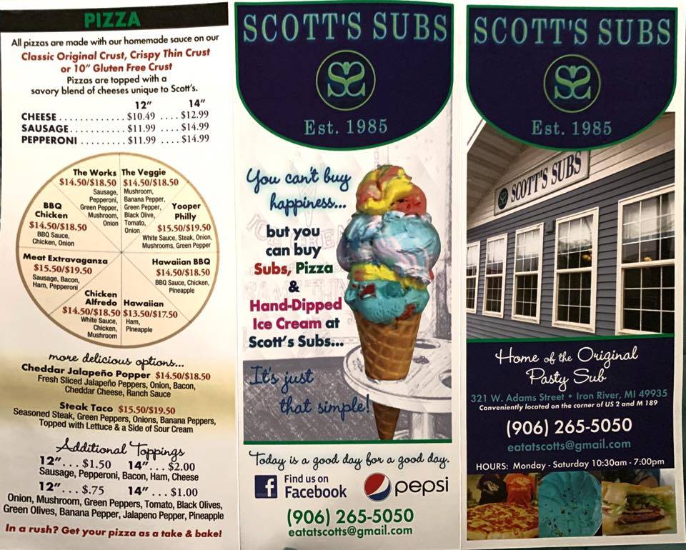 Menu at Scott's Subs & Pizza pizzeria, Iron River
