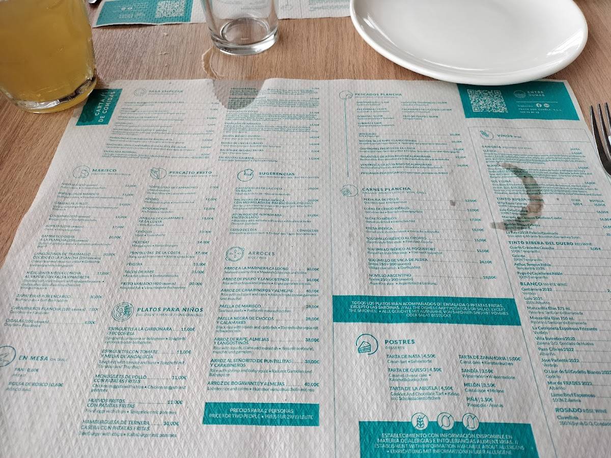 Menu at Chiringuito Entre Dunas restaurant, Isla del Moral