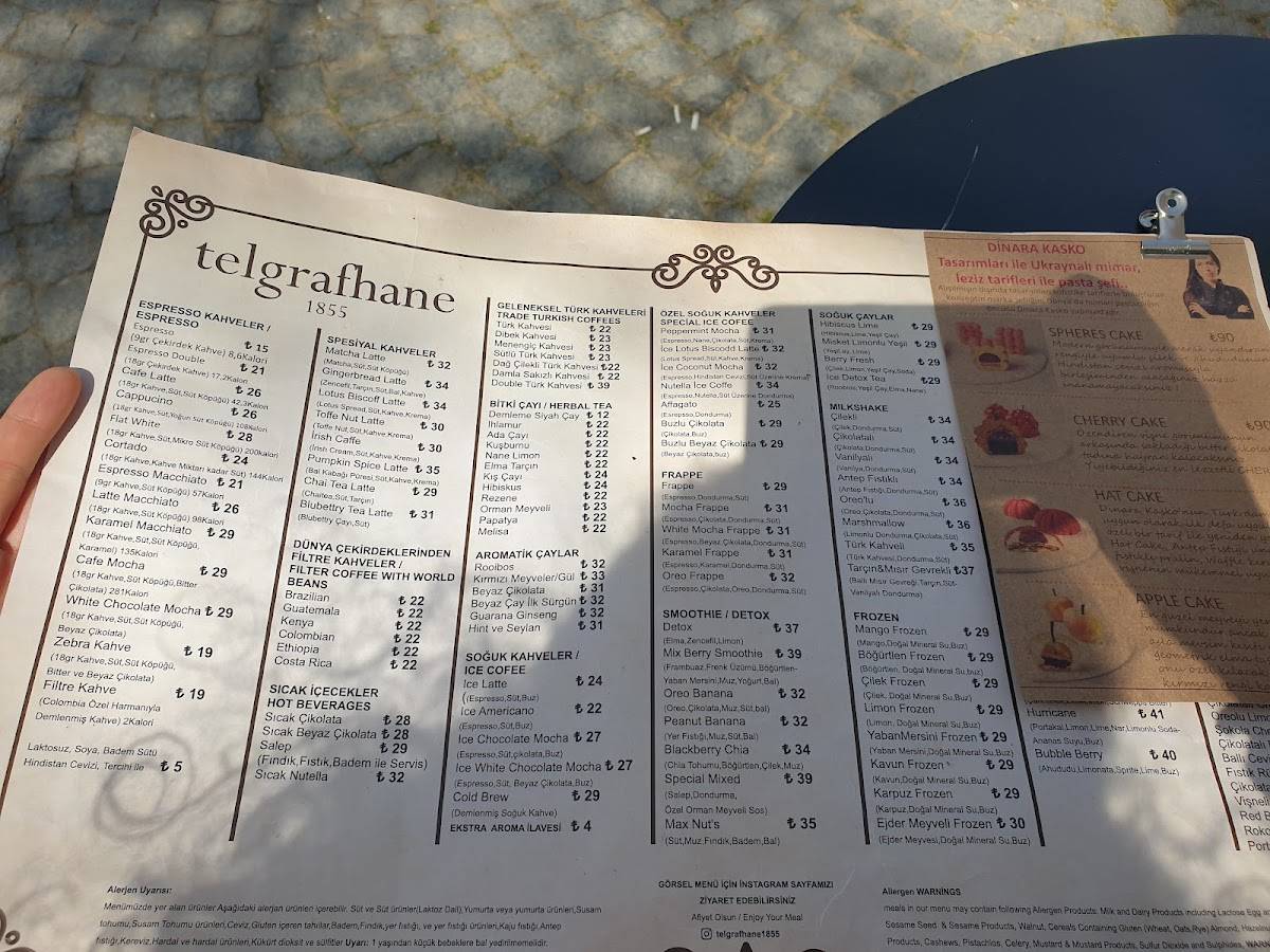 Menu at Telgrafhane 1855, Istanbul