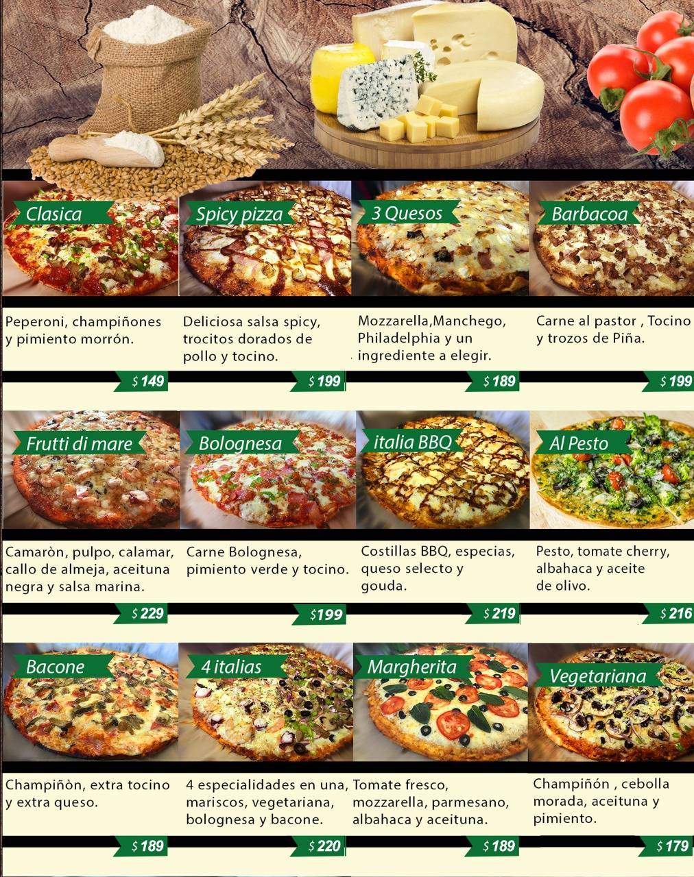 Menu at Italia Mia pizzeria, Mazatlán