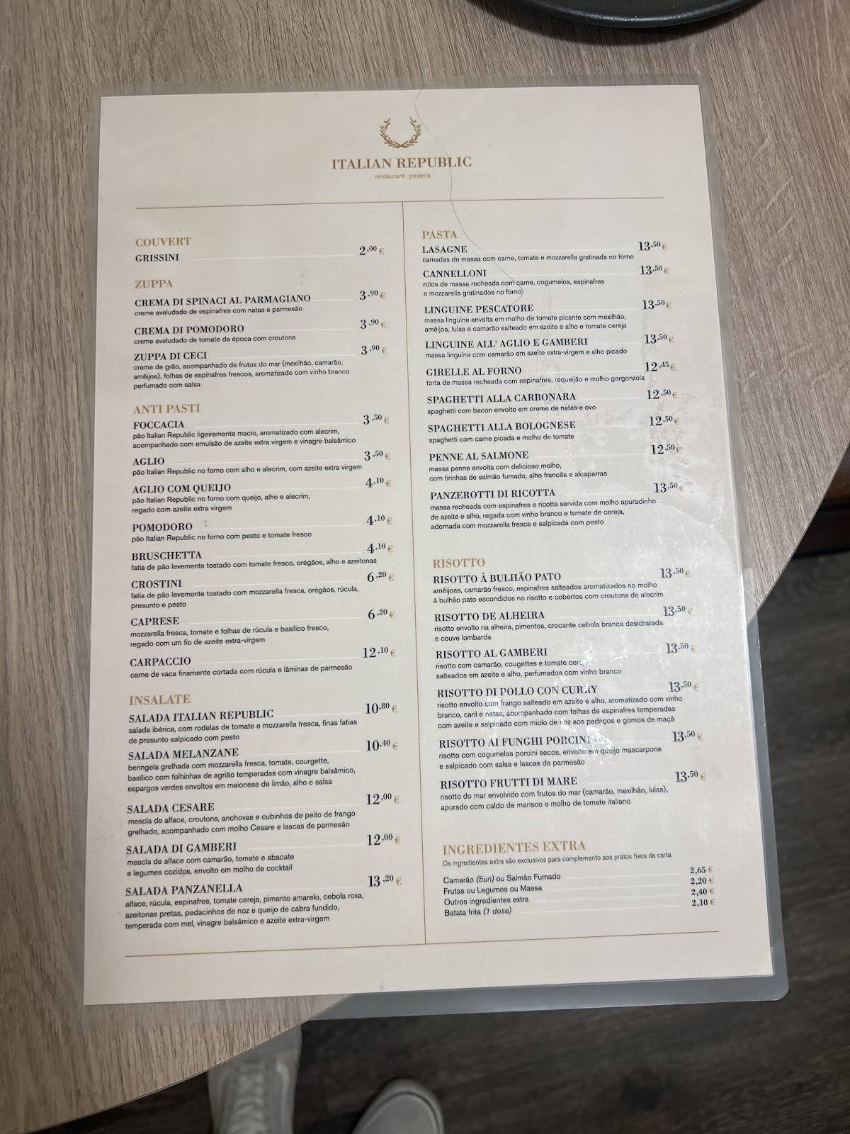Menu at Italian Republic, Porto, Andar 1 - NorteShooping