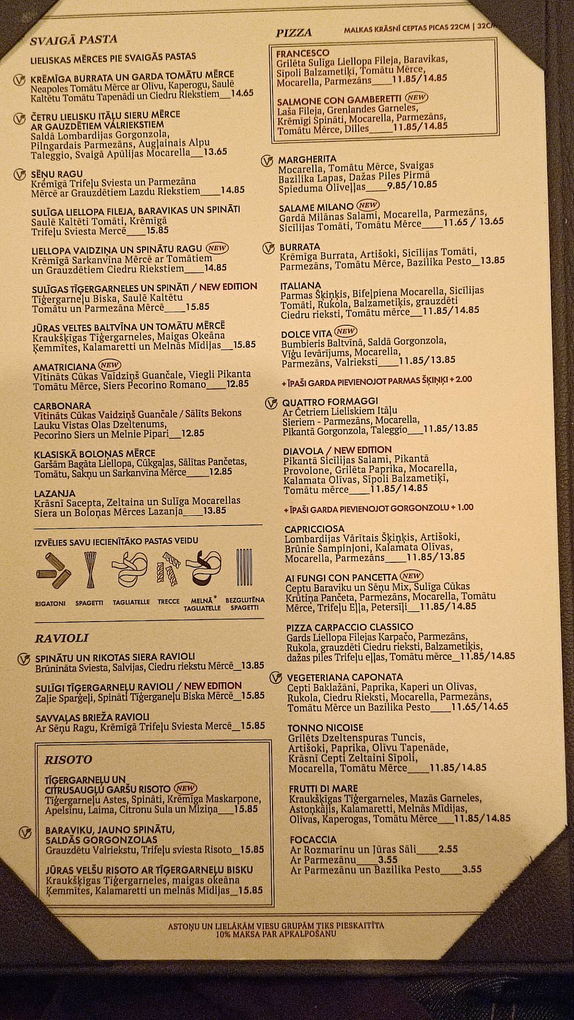 Menu at Italissimo restaurant, Riga