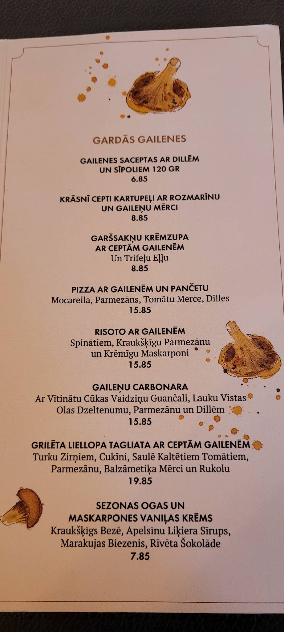 Menu at Italissimo restaurant, Riga