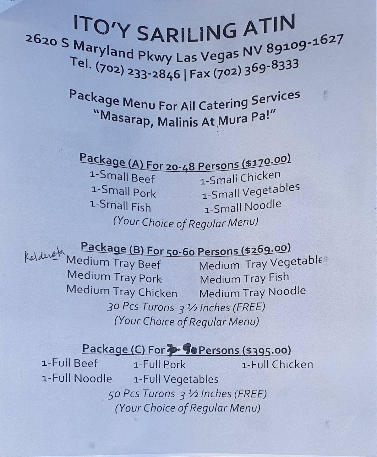 Menu at Itoy Sariling Atin restaurant, Las Vegas