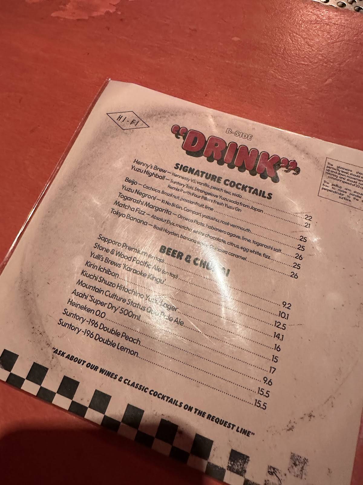 Menu at JAM Record Bar, Sydney