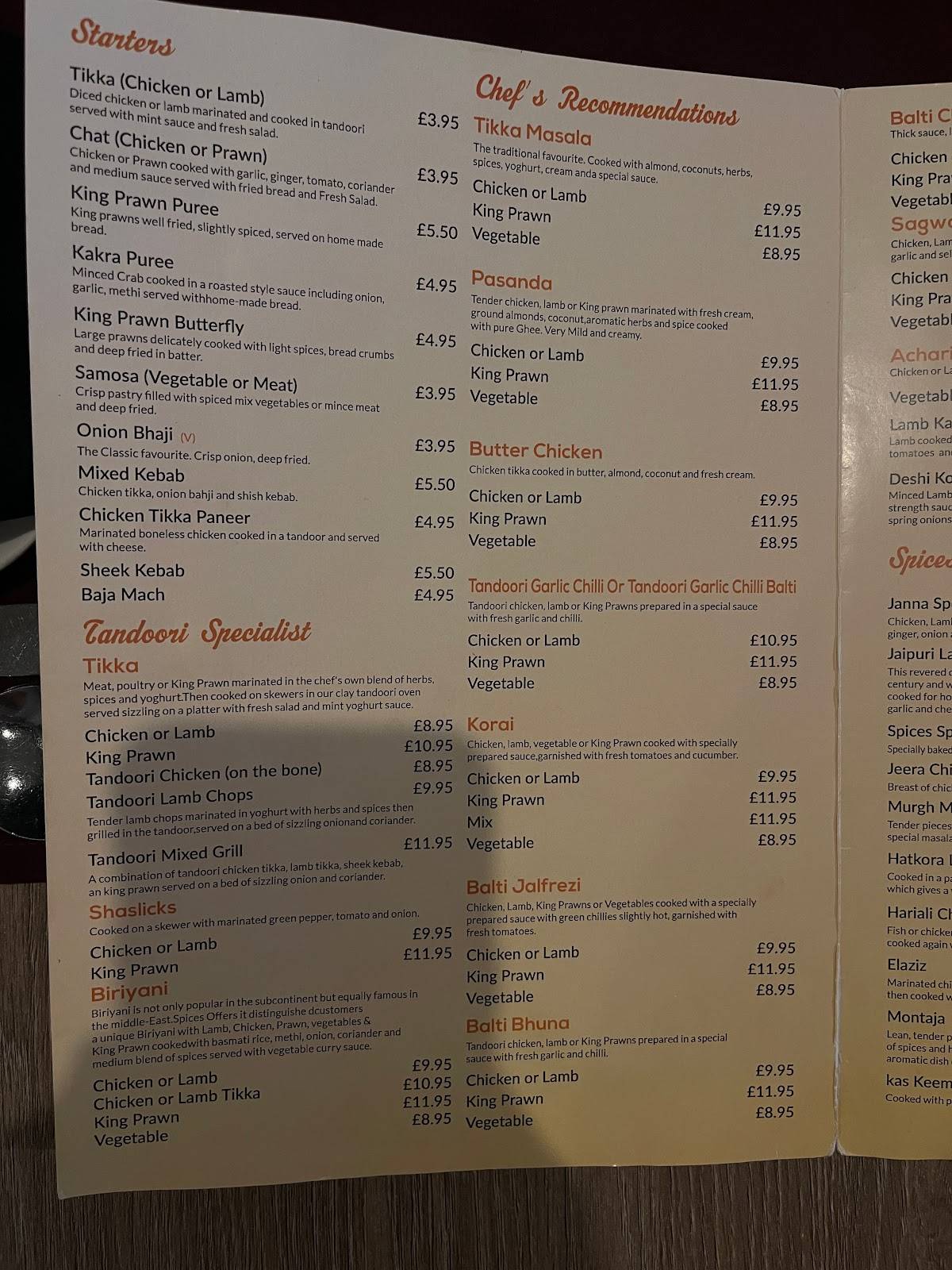 Menu at JANNA SPICE restaurant, York