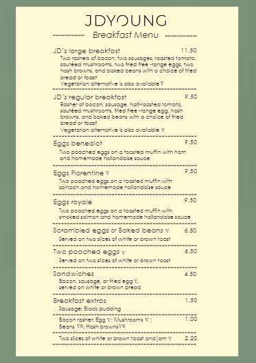 Menu at JD Young Hotel pub & bar, Harleston