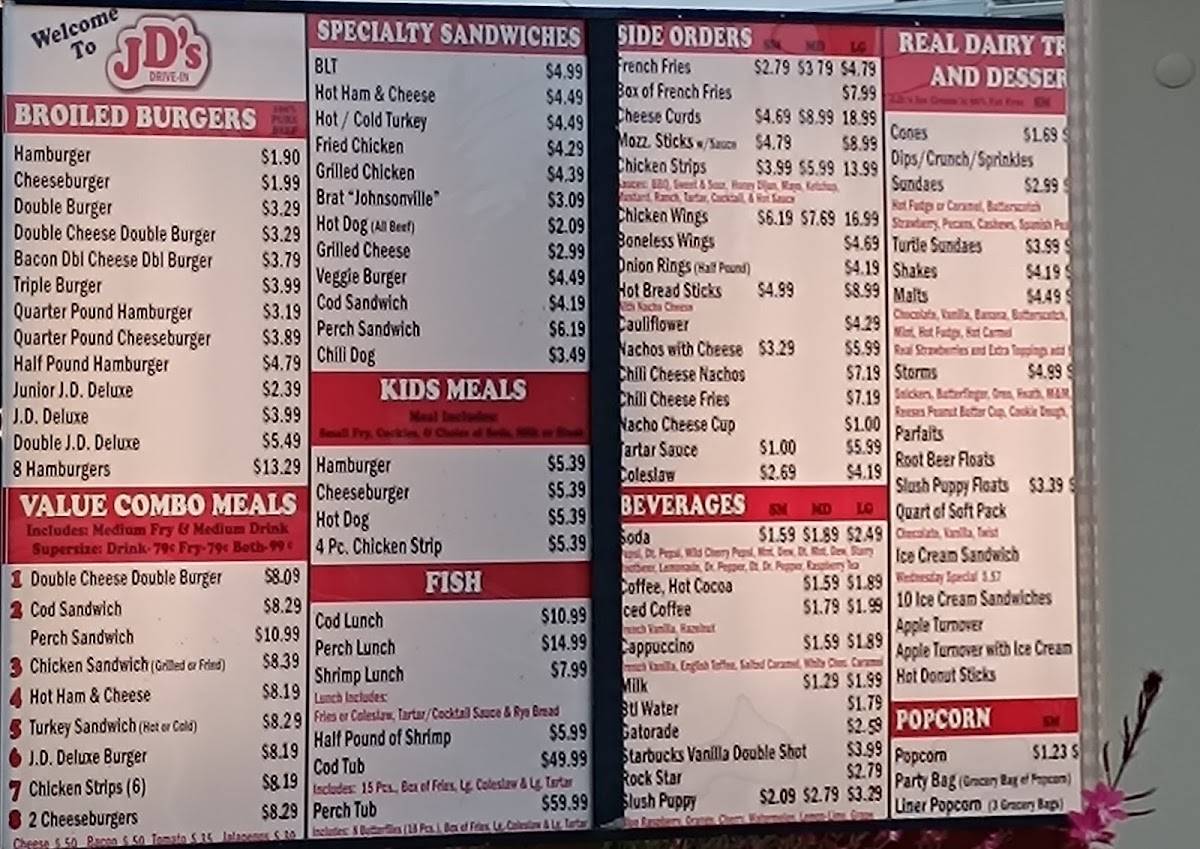 Menu at JD's Drive-In fast food, Appleton