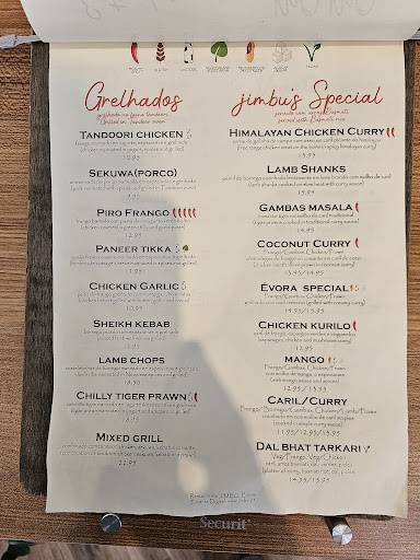 Menu at JIMBU restaurant, Evora