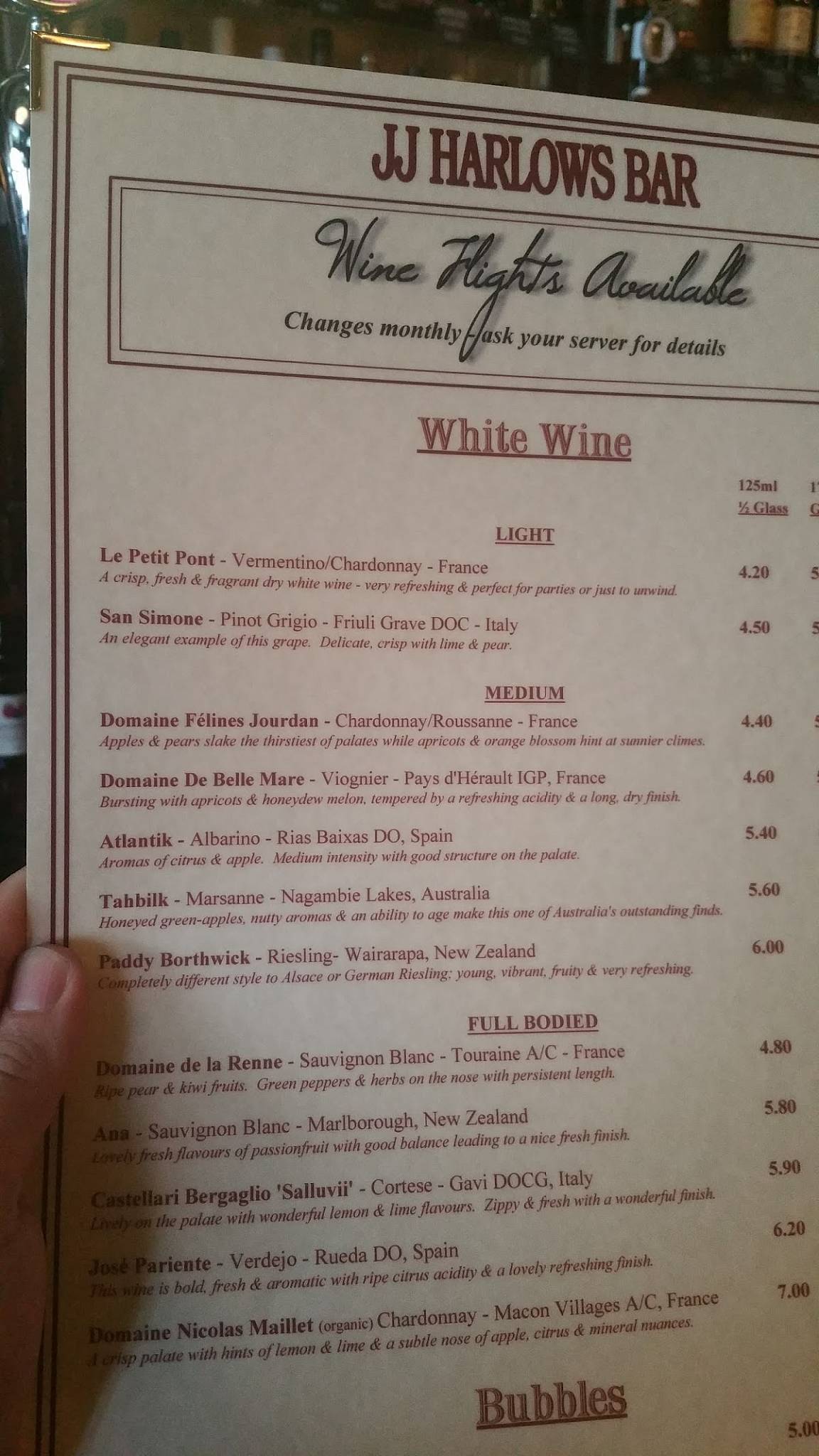 Menu at JJ Harlow's pub & bar, Roscommon