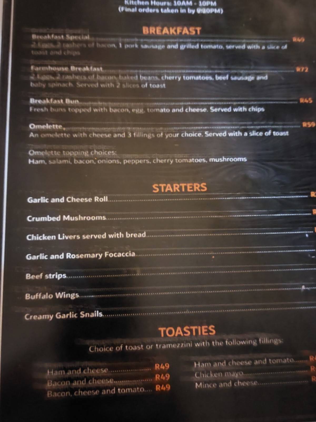 Menu at Jack Friday's pub & bar, Pretoria