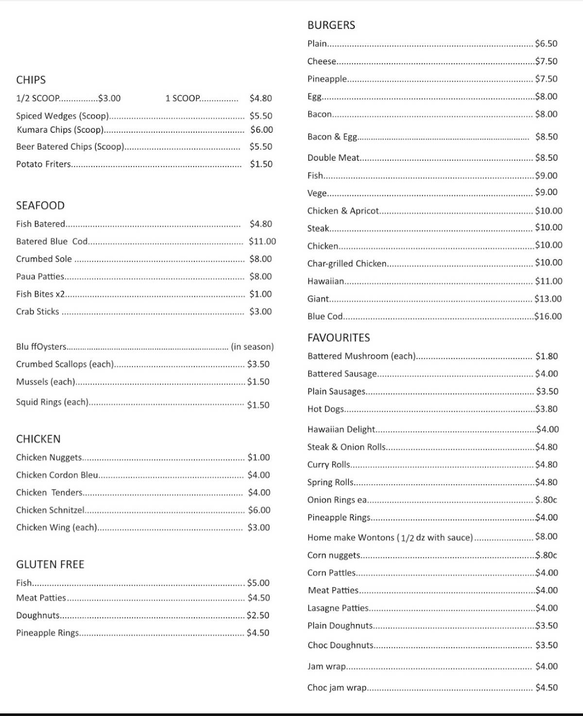 Menu at Jack's Chinese Takeaways fast food, Geraldine