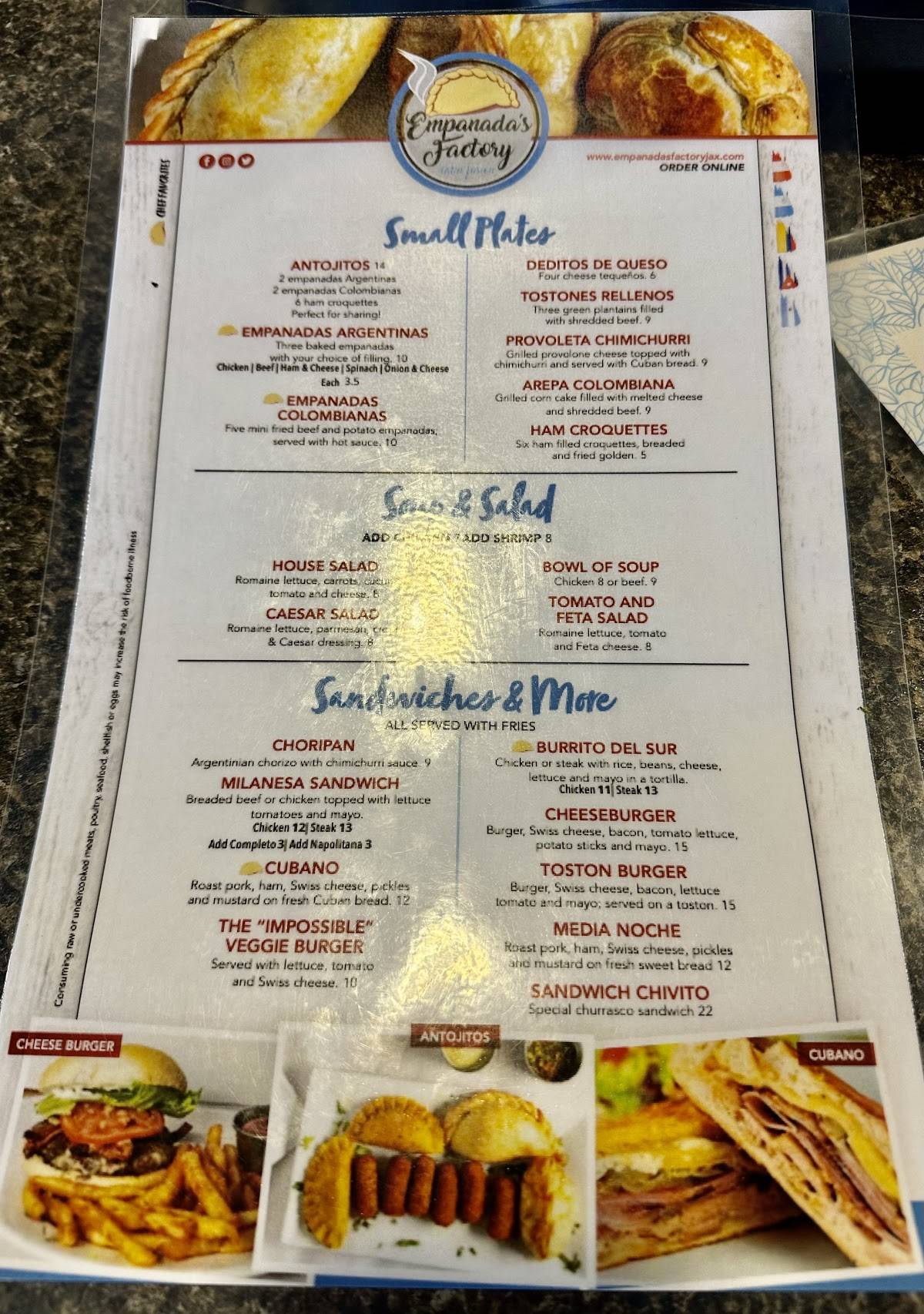 Menu at Empanada’s Factory Latin Fusion restaurant, Jacksonville