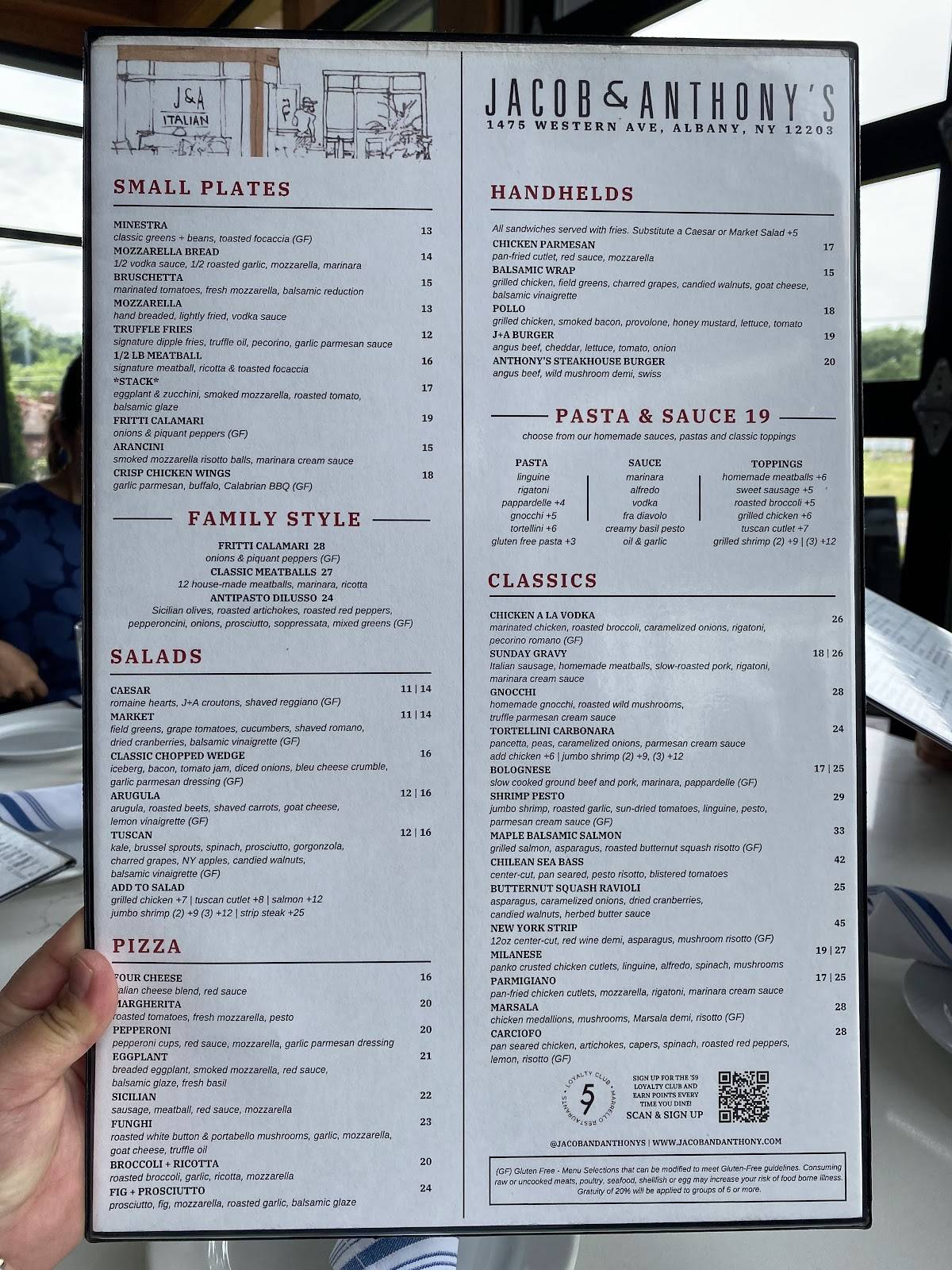 Menu at Jacob & Anthony’s Italian restaurant, Albany