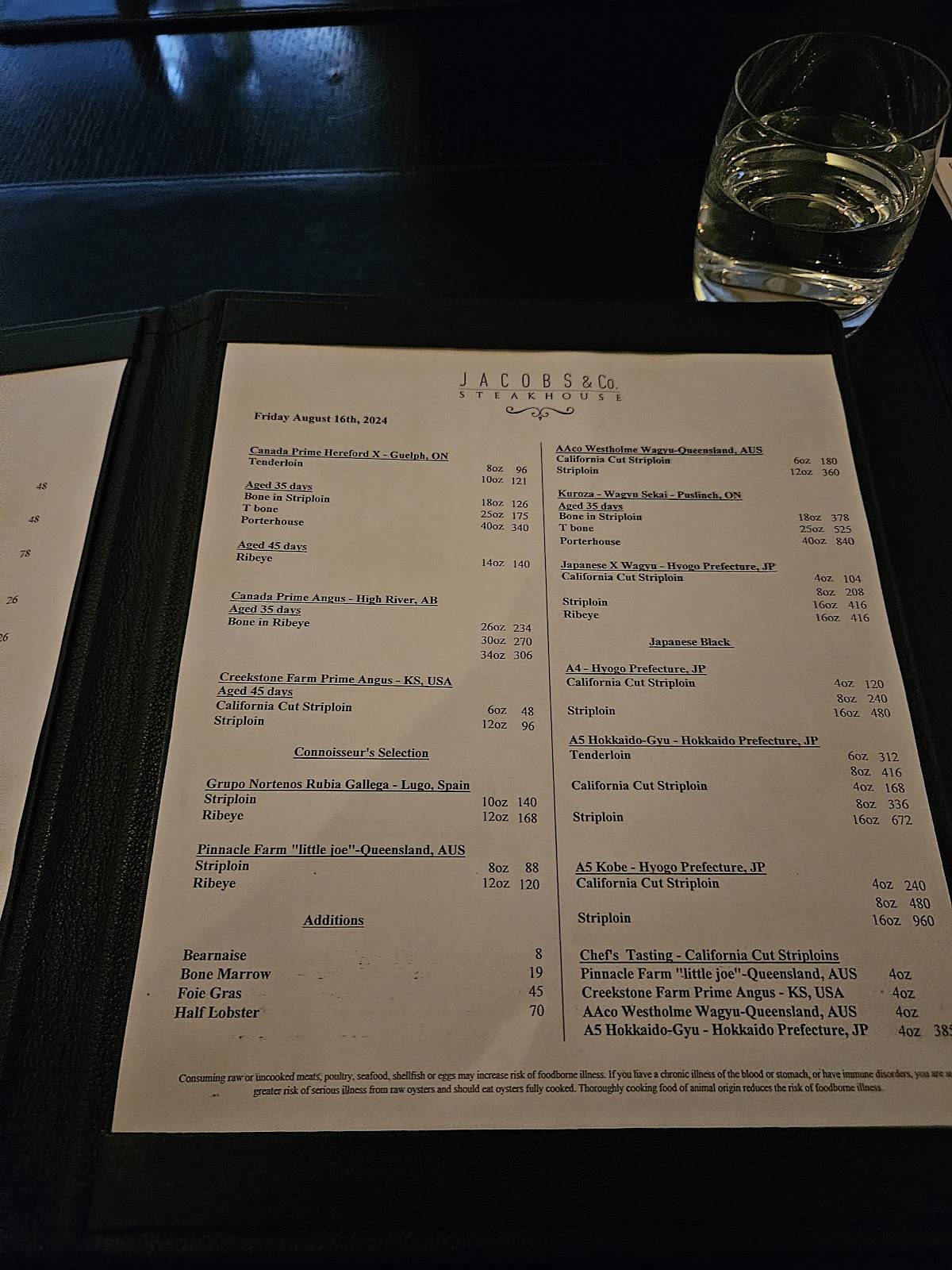 Menu at Jacobs & Co. Steakhouse, Toronto, 12 Brant St