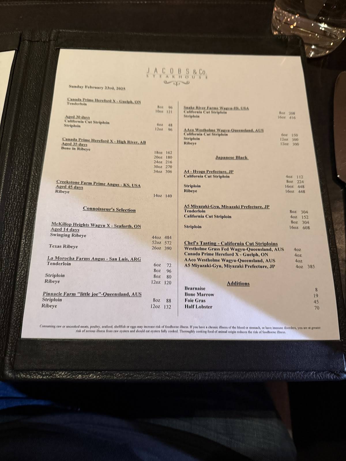 Menu at Jacobs & Co. Steakhouse, Toronto, 12 Brant St