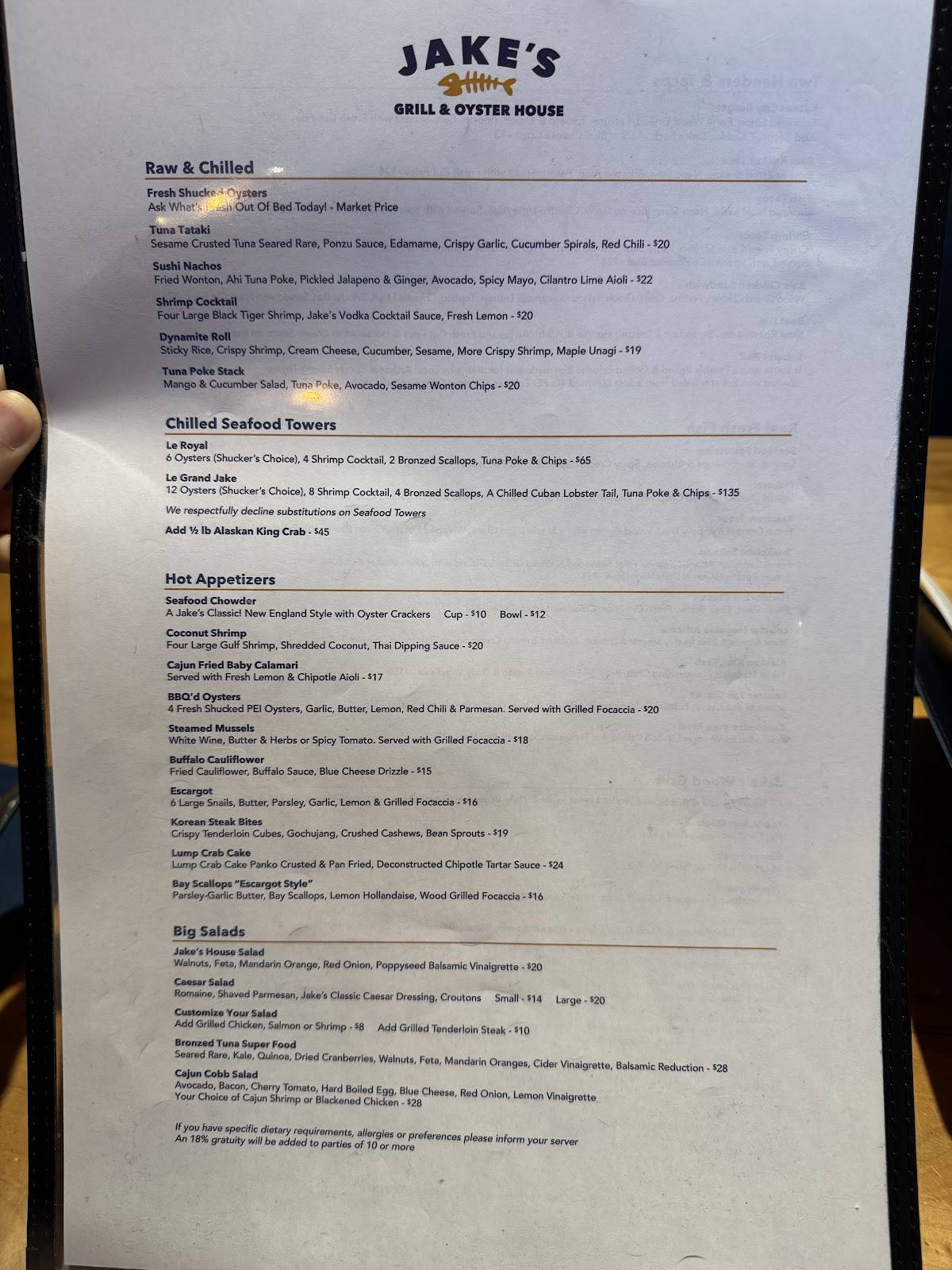 Menu at Jake's Grill & Oyster House restaurant, Burlington