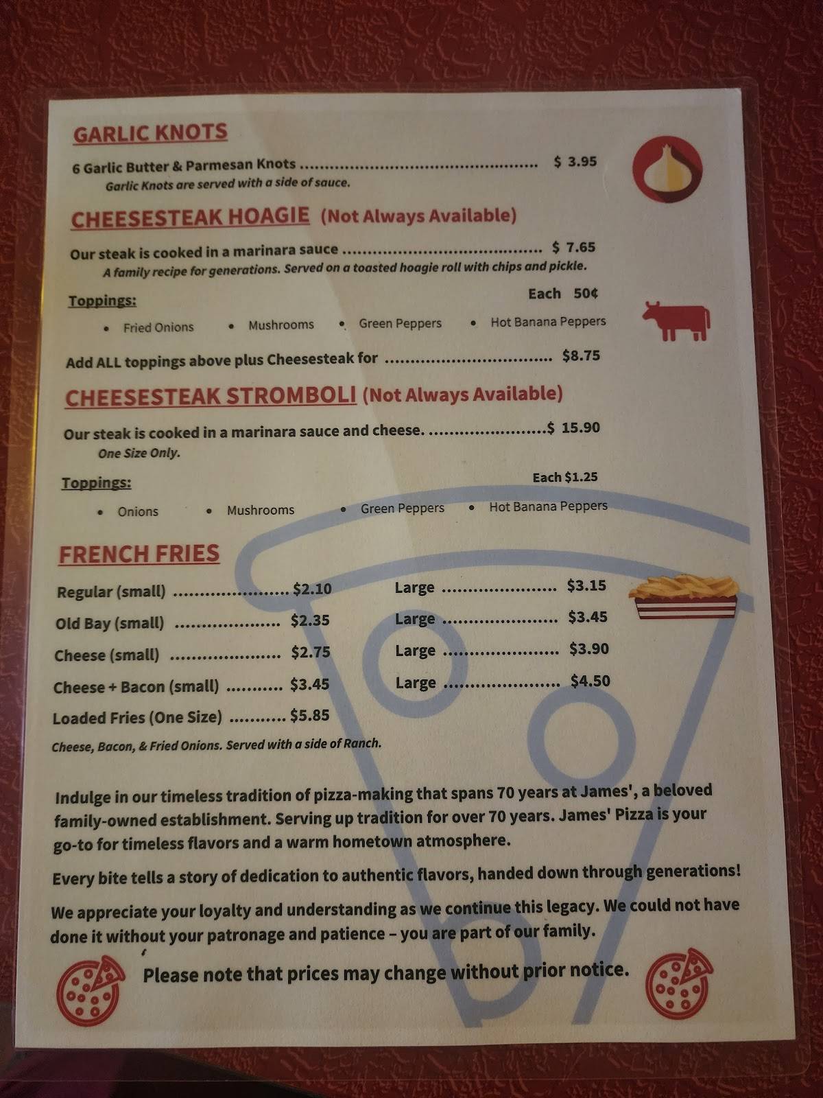 Menu at James' Pizza pizzeria, Shamokin