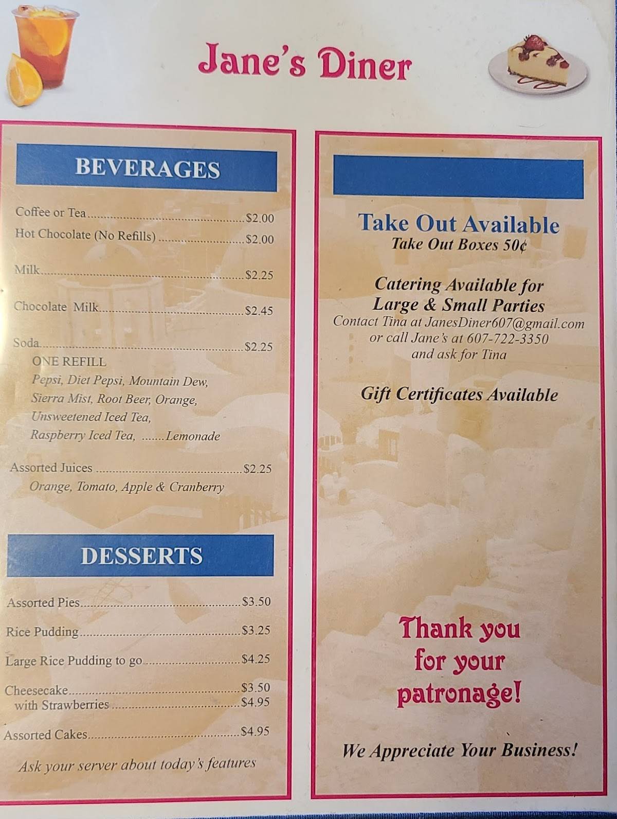 Menu at Jane's Diner restaurant, Binghamton