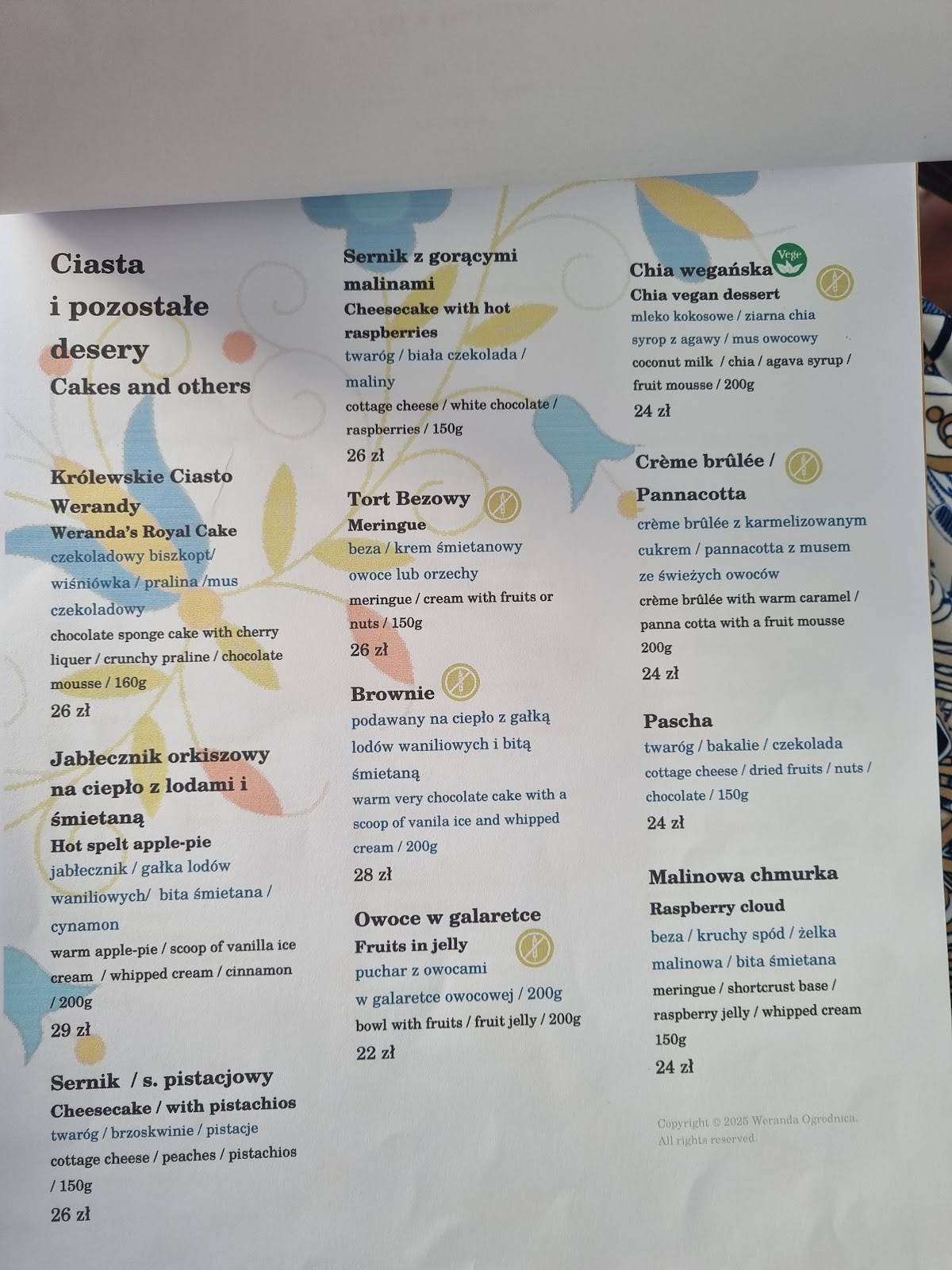Menu at Weranda Ogrodnica. Restauracja cafe, Jastarnia