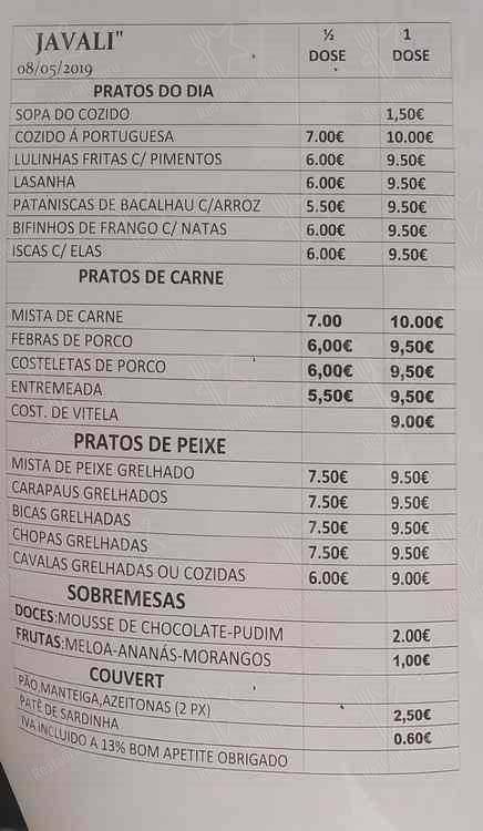 Menu em Snack-Bar O Javali, Faro