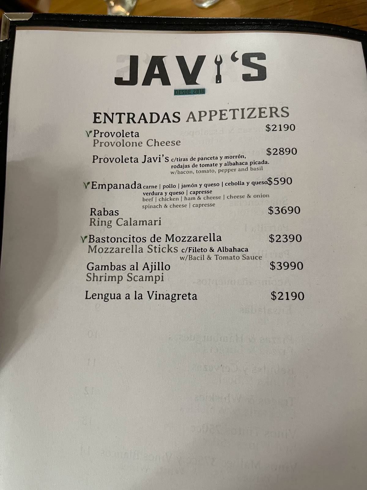 Carta de Javi's Parrilla Restaurant & Cafeteria, Buenos Aires