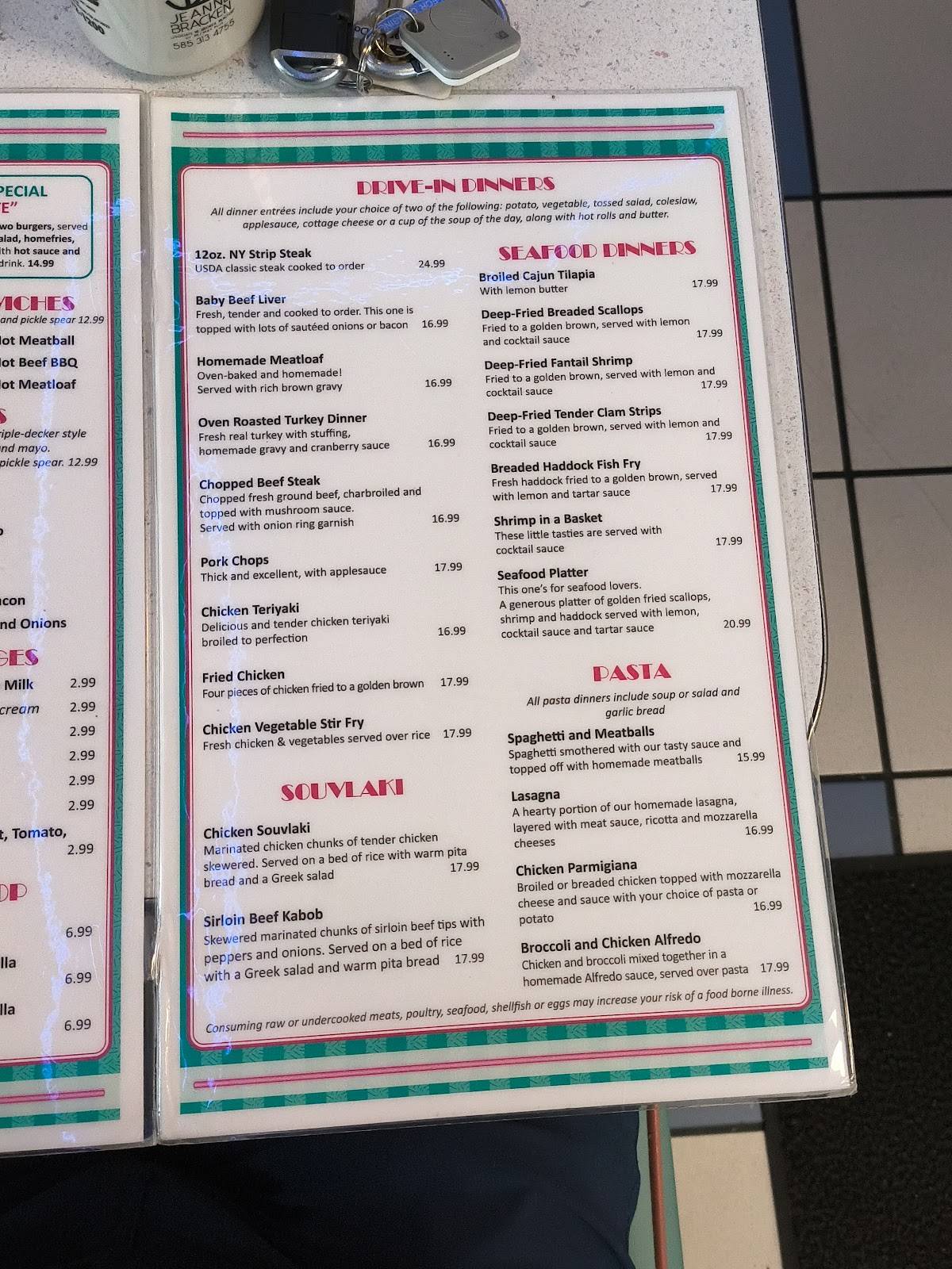 Menu at Jay's Diner restaurant, Rochester