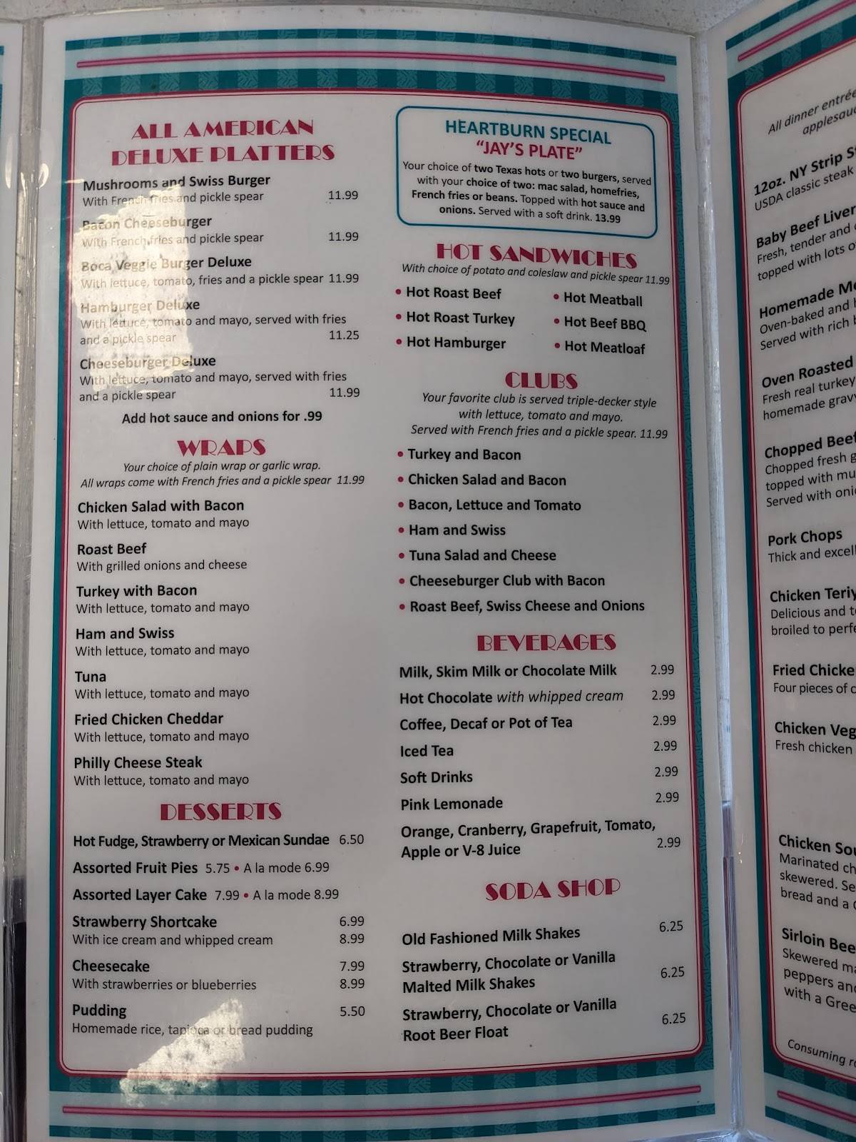 Menu at Jay's Diner restaurant, Rochester