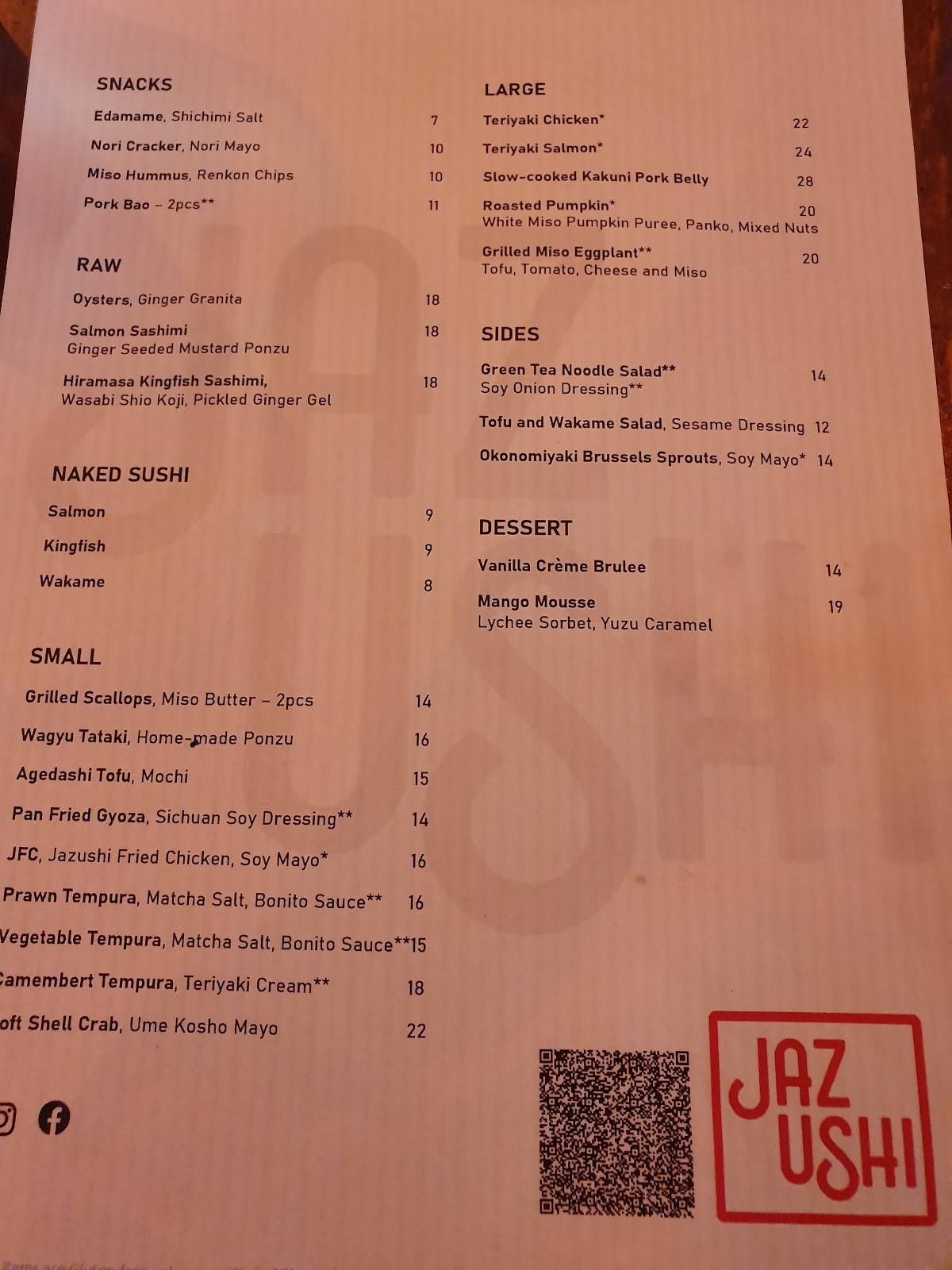 Menu at Jazushi restaurant, Surry Hills