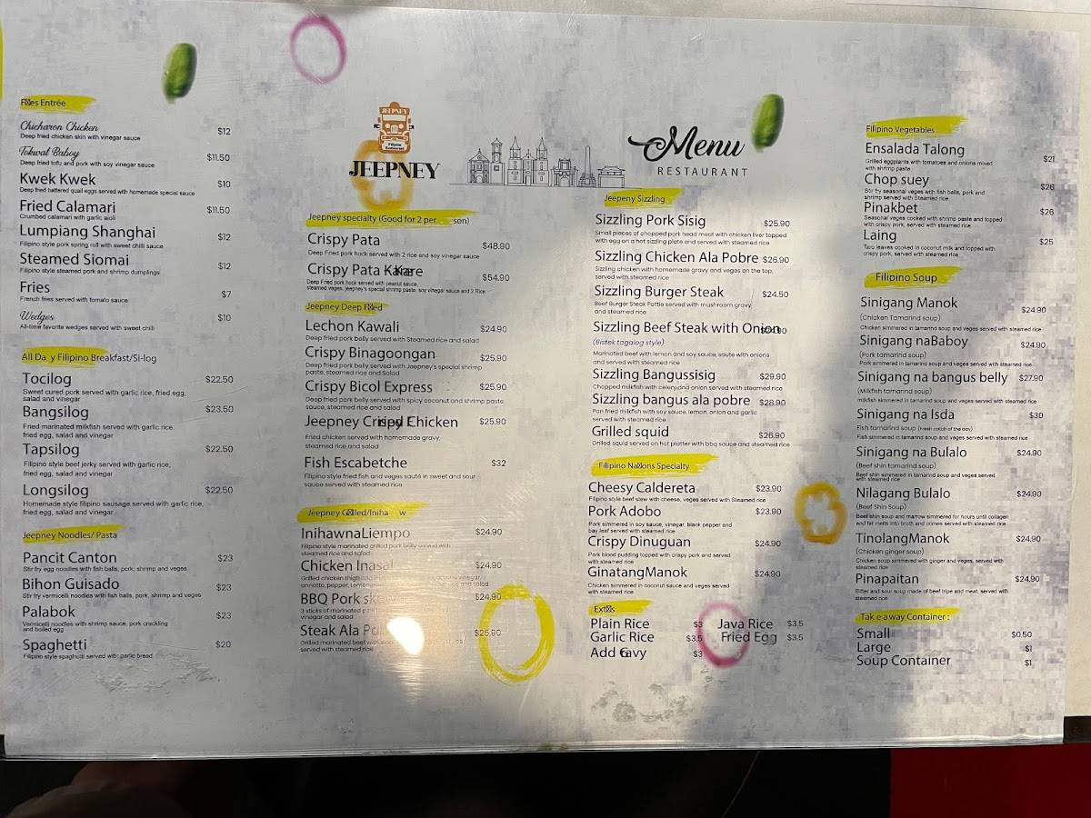 Menu at Jeepney Filipino Restaurant, Auckland, B1/710 Great South Rd