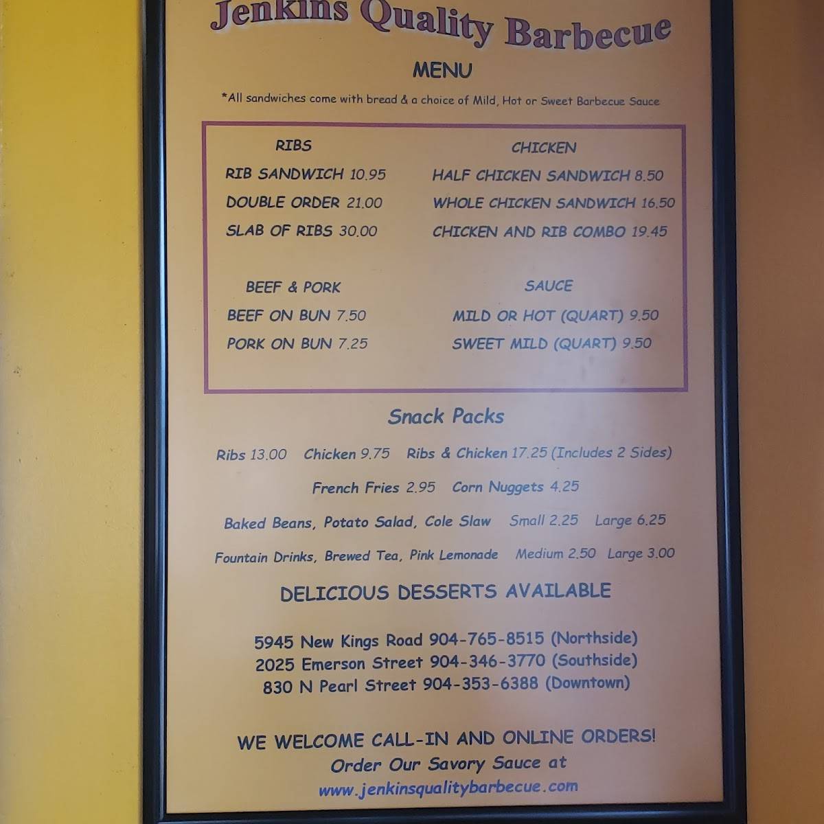 Menu at Jenkins Quality Barbecue, Jacksonville, New Kings Rd