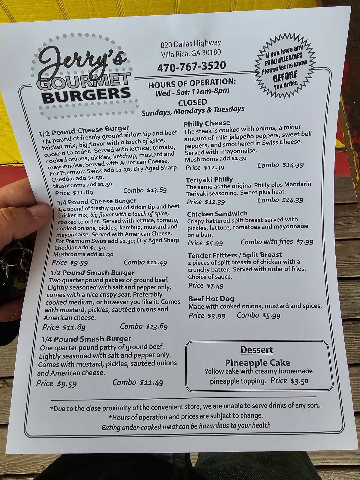 Menu at Jerry's Gourmet Burgers restaurant, Villa Rica