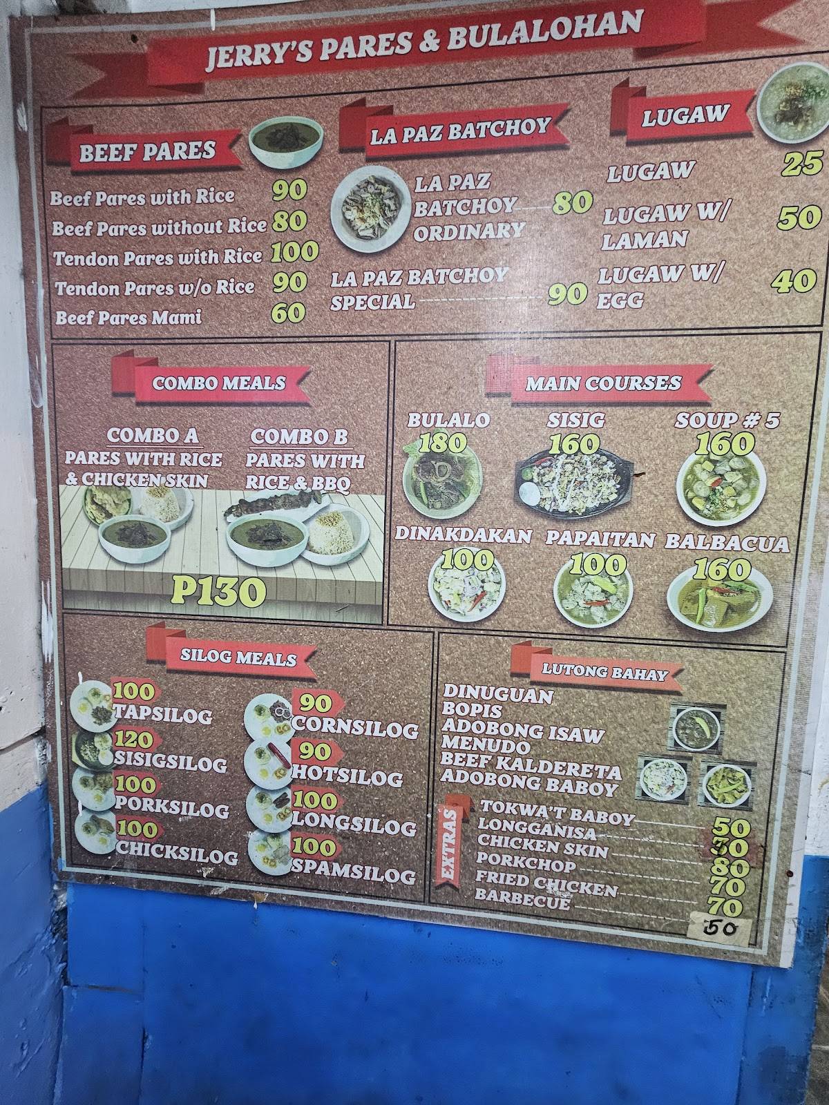 Menu at Jerry's Pares and Bulalohan restaurant, Taguig