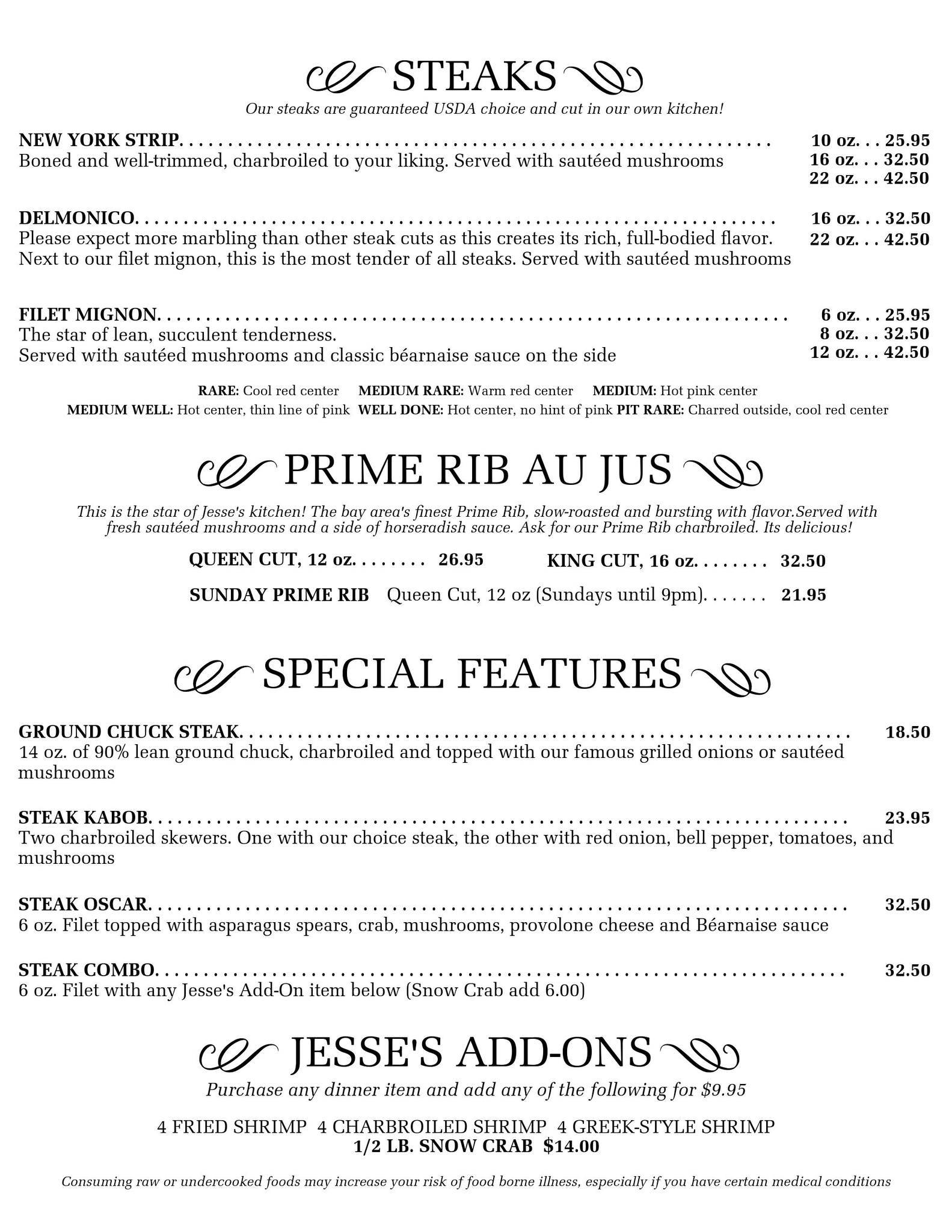 Menu at Jesse's Steak and Seafood steakhouse, Brandon