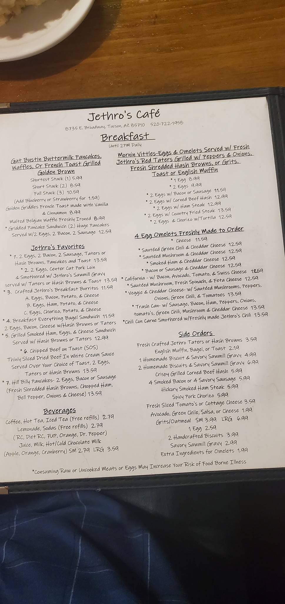 Menu at Jethro's Cafe and Tavern, Tucson, E Broadway Blvd