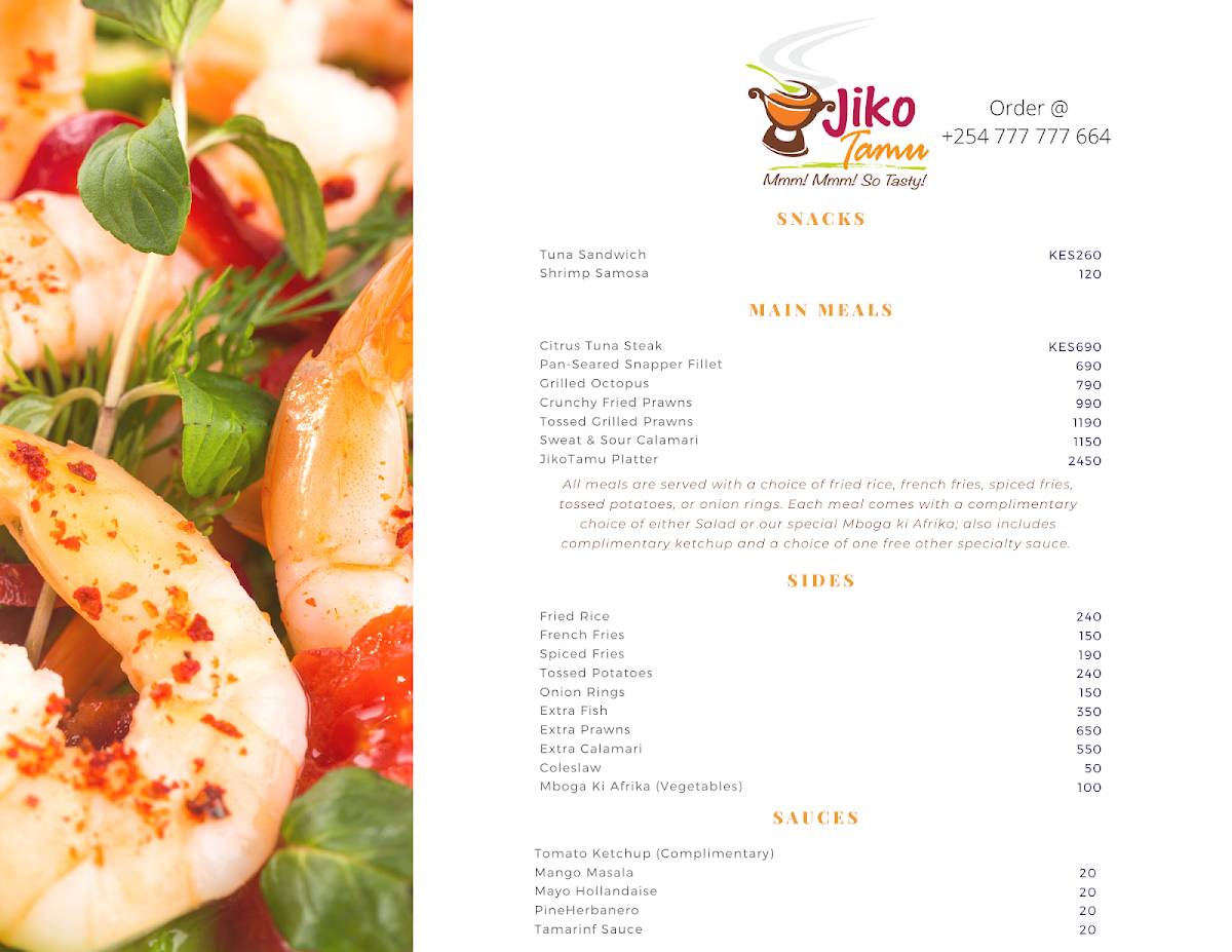 Menu at JikoTamu restaurant, Nairobi
