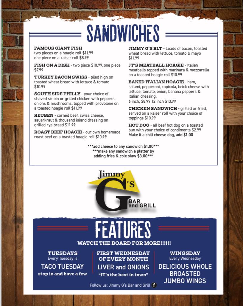 Menu at Jimmy G's Bar & Grill, Canonsburg
