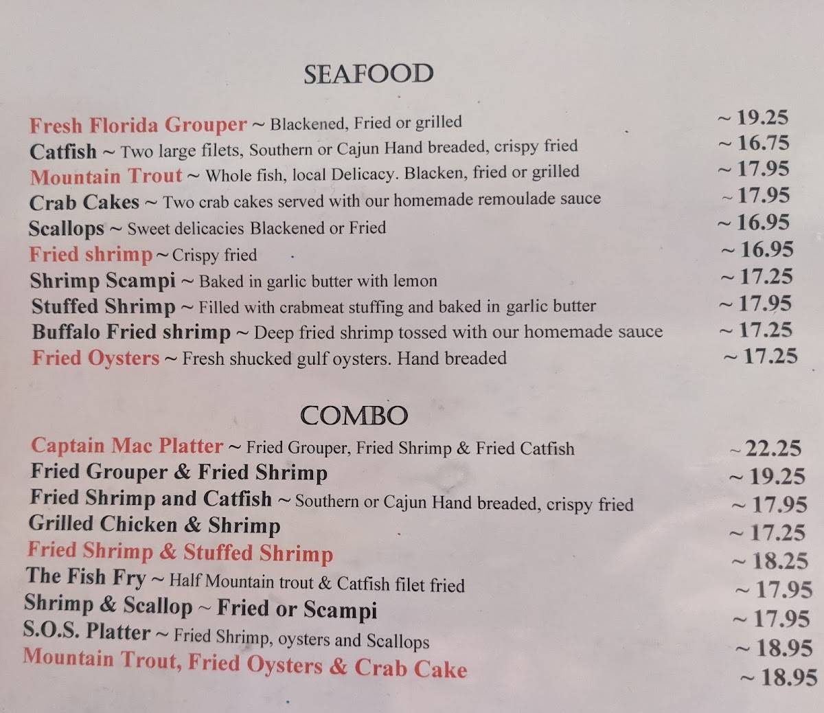 Menu at Jimmy Mac's Restaurant, Bryson City