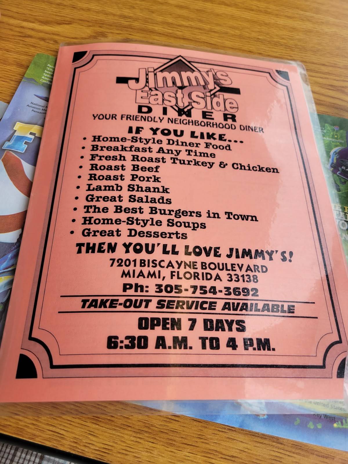 Menu at Jimmy's Eastside Diner restaurant, Miami