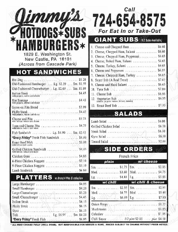 Menu at Jimmy's restaurant, New Castle