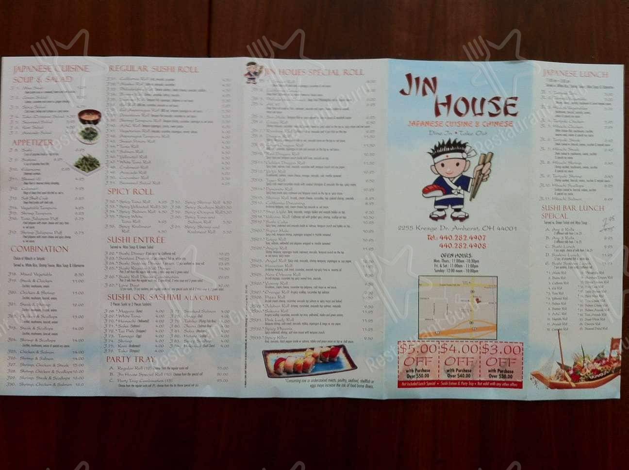 Menu at Jin House restaurant, Amherst